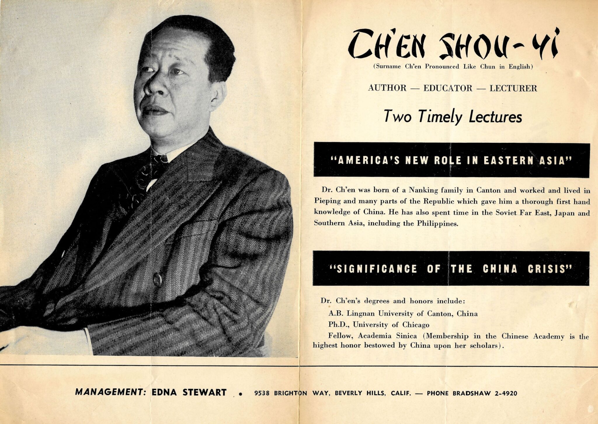 Ch’en Shou-yi, A Bridge Connecting China and The United States cultures ...